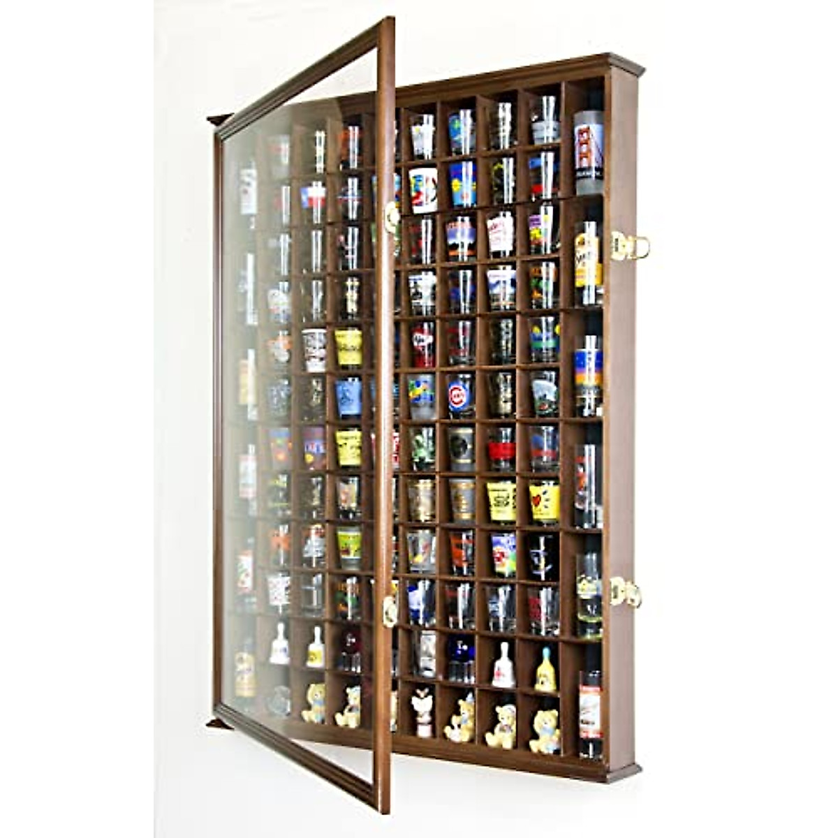 108 Shot Glass Shotglass Shooter Display Case Holder Cabinet Wall Rack 98% UV Lockable Door -Walnut