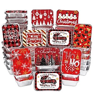 DIYDEC 36PCS Christmas Aluminum Food Containers with Lids 9 Styles Merry Christmas Foil Leftover Containers Disposable Cookie Tins Storage Pans for Winter Holiday Gift Giving Party Supplies (Style A)