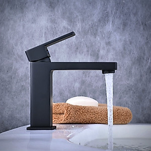 Matte Black Single Hole Bathroom Vanity Faucet, NEWRAIN Brass Single Handle Bathroom Faucet with Pop-up Sink Drain Assembly & Faucet Supply Lines