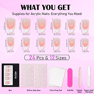 White French Press On Nails Almond Short - Jofay Fahion French Tip Press On Nails Almond, White Fake Nails with Nail Glue, Glue On Nails in 12Sizes - 24PCS Acrylic Stick On Nails, White French