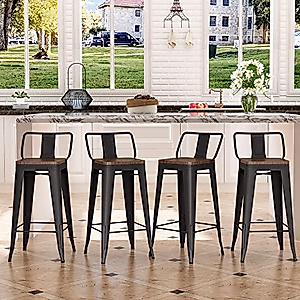 Andeworld Metal Bar Stools Set of 4 Kitchen Counter Stools Bristro Barstools Industrial Bar Stools (26 Inch, Black with Wooden Seats)