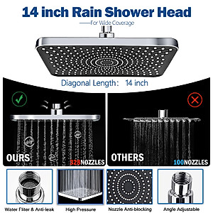 Shower Head,14”Rain Shower Head with Handheld Spray Combo with ON/OFF Pause Switch and 11'' Angle Adjustable Extension Arm/Flow Regulator，High Pressure Nozzle Easy to Clean Bathtub,Chrome