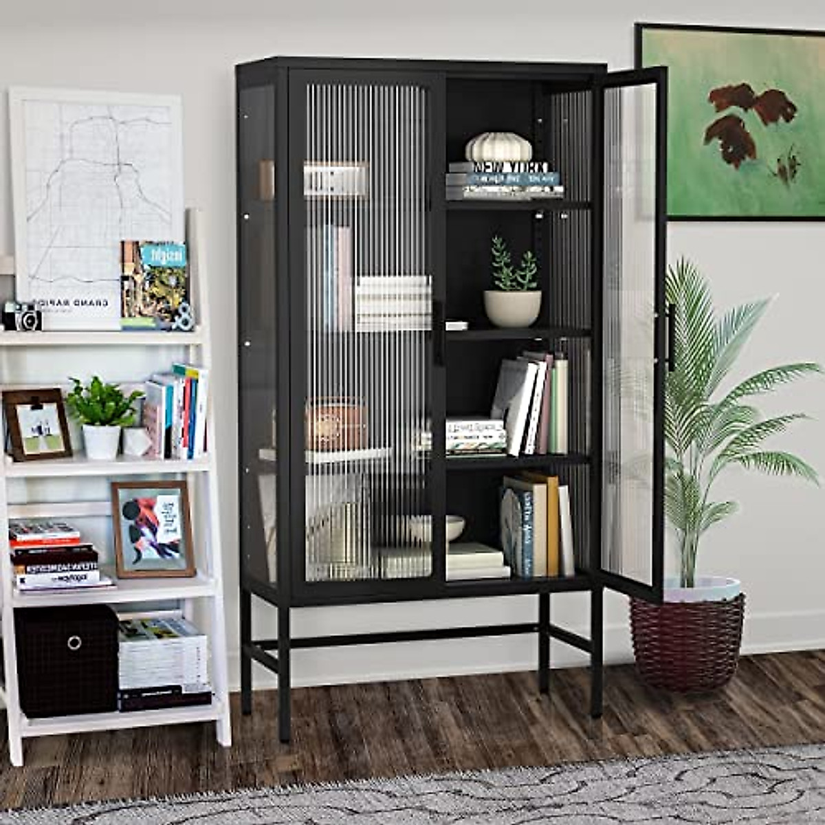 Prohonbec Double Fluted Glass Door Storage Cabinet with Adjustable Shelves, Tall Freestanding Display Sideboard Bookshelf Cupboard for Living Room, Kitchen, Office