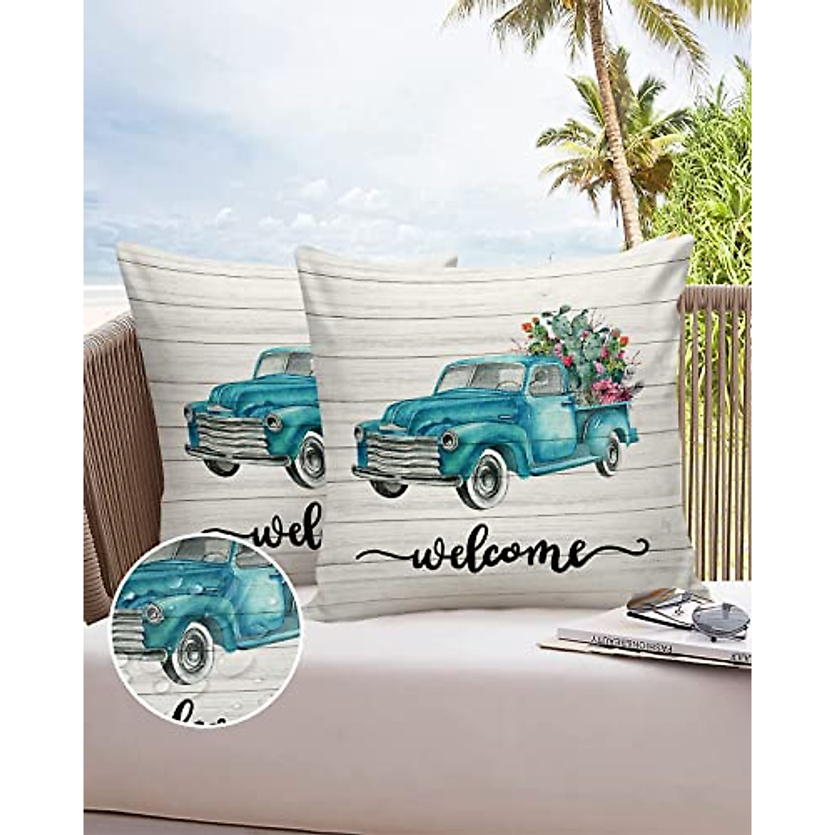 Outdoor Waterproof Pillow Covers for Patio Furniture Cactus with Blue Truck Decorative Throw Pillow Cover Tropical Plants Wood Grain Pillowcases Set of 2 Cushion Case for Sofa Couch Chair 18 x 18 in