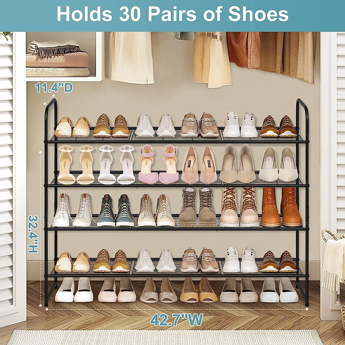 AOODA 4 Tier Long Metal Shoe Rack for Closet Wide Stackable Shoe Organizer for Entryway, Bedroom, Floor, Holds 30 Pairs Men Sneakers Large Shoe Storage Shelf with Wire Grid, Black