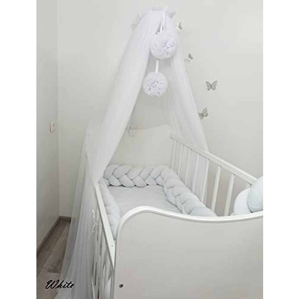 Soft canopy for nursery with holder and pompoms, Kids hanging tent for bedroom, Bed canopy, crib canopy, baby room decor, Nook baldachin (Dusty Pink)