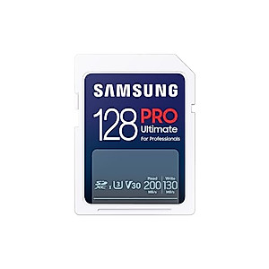 SAMSUNG PRO Ultimate Full Size 128GB SDXC Memory Card, Up to 200 MB/s, 4K UHD, UHS-I, C10, U3, V30, A2, for DSLR, Mirrorless Cameras, PCs, MB-SY128S/AM