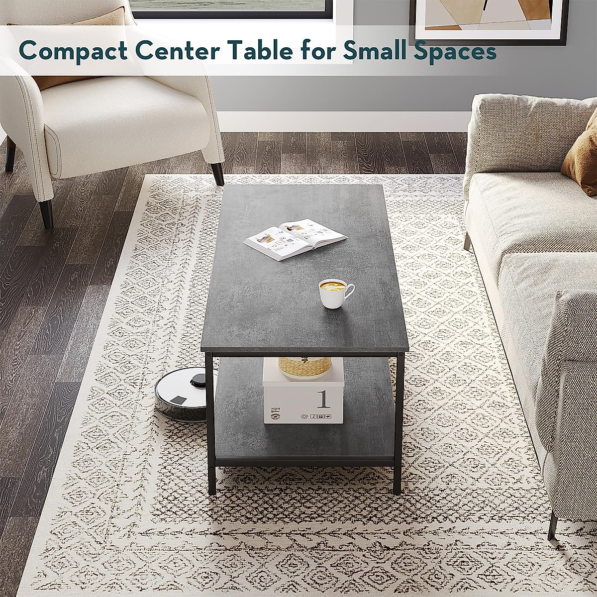 SAYGOER Coffee Table with Storage 2-Tier Industrial Center Table for Living Room, Rectangle Wood Table for Small Spaces Apartment Home Office, Concrete Gray