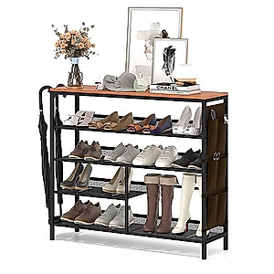 Bonzy Home Shoe Rack For Entryway, 5-Tier Shoe Shelves with Umbrella Holder and Fabric Pockets, Metal Mesh, Flat & Slant Adjustable Free Standing Shoe Racks for 21 Pairs