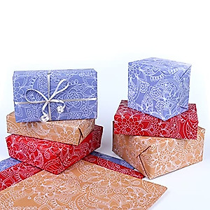 Kavoc 60 Sheets Paisley Blue Red Gift Tissue Paper,20" x 20" Brown Boho Wrapping Art Tissue Paper for Western Cowboy Theme Party Decoration (Red)