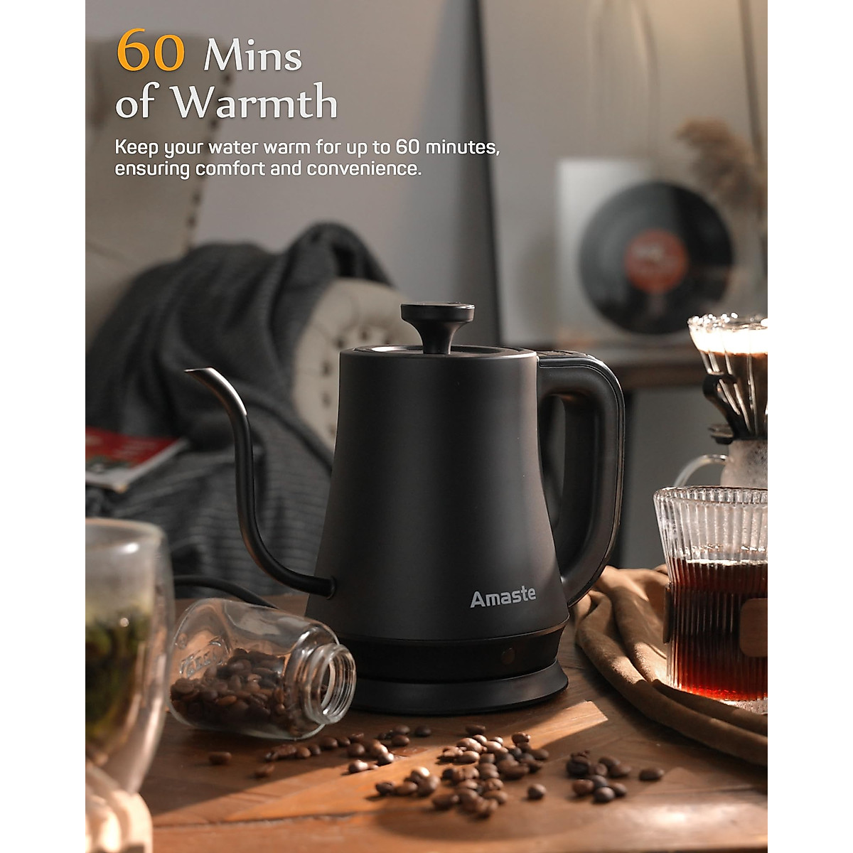 Amaste Gooseneck Electric Kettle, Electric Tea Kettle With Temperature Control, 34oz Pour Over Electric Kettle for Coffee & Tea, 304 Stainless Steel Inner, Auto Shut-Off & Keep Warm, Matte Black
