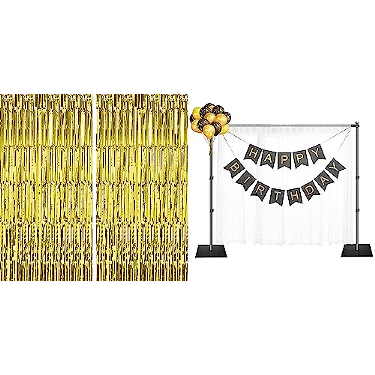 EMART 6.5x10ft Adjustable Photo Backdrop Pipe and Drape Stand Kit with 2 Pack 3.2 ft x 9.8 ft Gold Tinsel Backdrop for Wedding Birthday Christmas Party