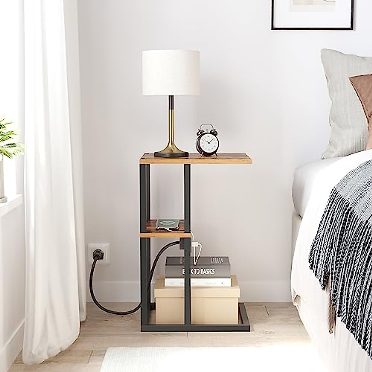 TUTOTAK C Shaped End Table with Charging Station, Side Table with 2 USB Ports and Outlets, Snack Table for Couch and Bed, Small Sofa Table for Small Spaces, Living Room, Bedroom TB01BB043