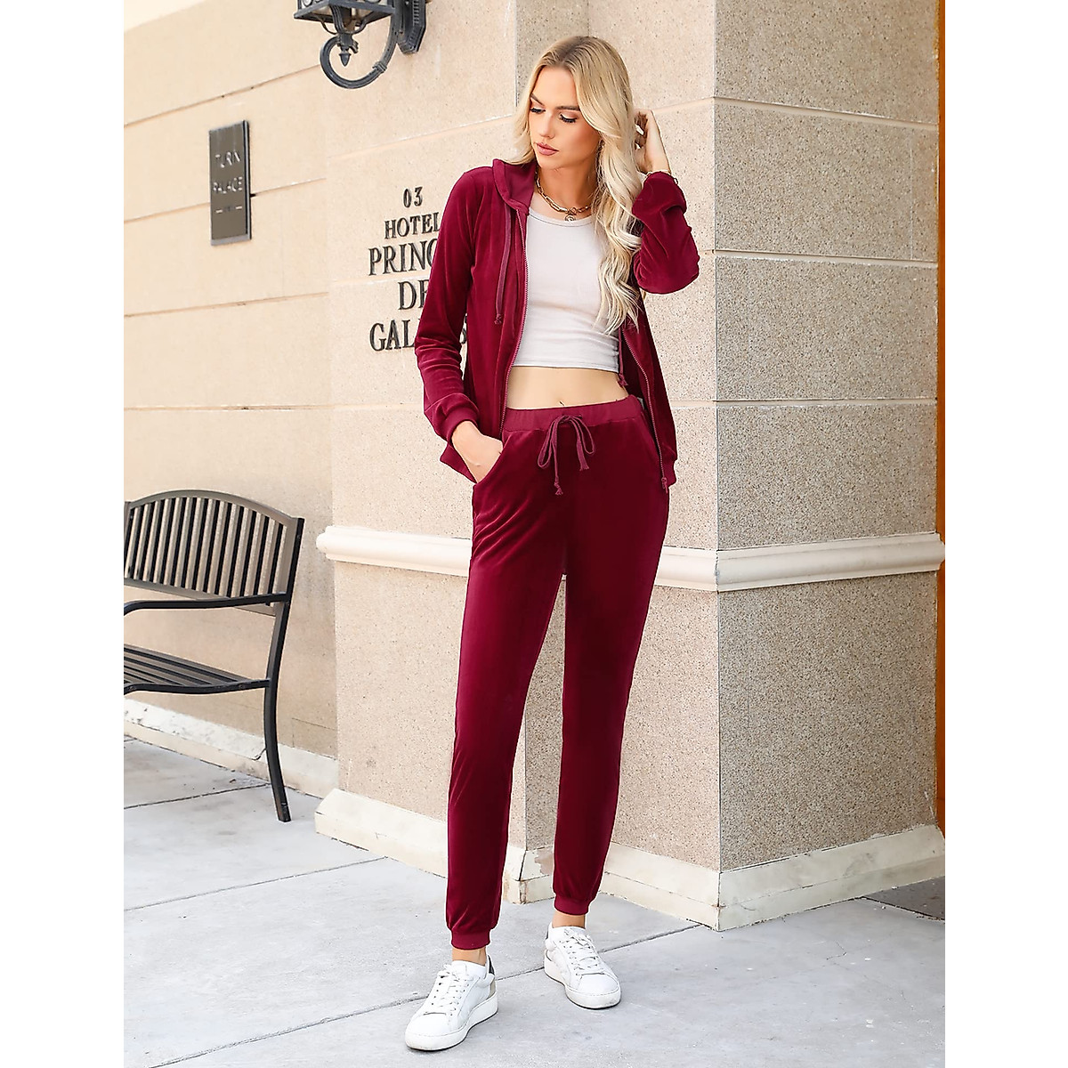 Cowasto Women's Velour Velvet Track Sets Two Pieces Full zip up Hoodied Coat Pants Outfit Suit TrackSuit, Wine Red, Medium