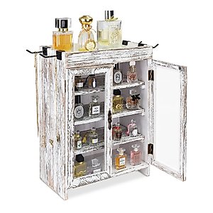 Ikee Design Small Wooden Countertop Storage Cabinet with Adjustable Shelves and Removable Hooks, Perfect for Perfume, Pantry, Essential Oil, 10.4W x 6.1D x 14.4H in, Antique White