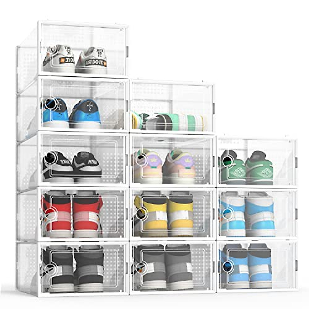 Hrrsaki Large 12 Pack Shoe Storage Organizer Boxes, Shoe Boxes Clear Plastic Stackable, Shoe Organizer for Closet, Plastic Shoe Boxes with Lids, Shoe Containers for Entryway, Bedroom, White