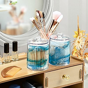 ALAZA 2 Pack Qtip Holder Dispenser Teal Turquoise Marble Bathroom Organizer Canisters for Cotton Balls/Swabs/Pads/Floss,Blue Marble Plastic Apothecary Jars for Vanity