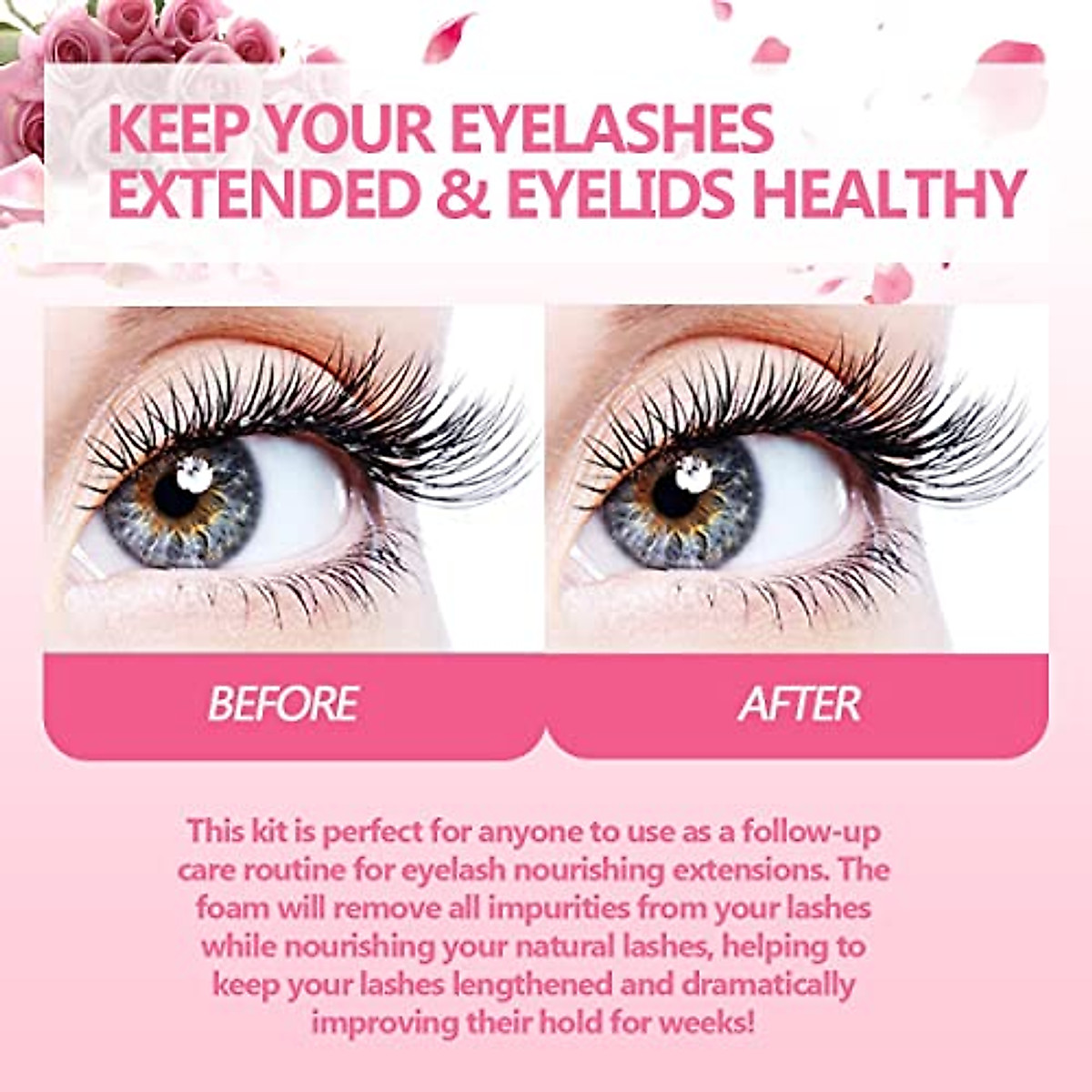 Qiveaory 150ml/5.07fl.oz Eyelash Extension Cleanser Extension Lash Shampoo Brush Mini USB Portable Lash Fan Mascara Brush Disposable Microbrush Wash Bottle Reusable Makeup Remover Pad Gentle Cleaning