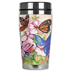 Mugzie Garden Butterflies Travel Mug with Insulated Wetsuit Cover, 16 oz, Black