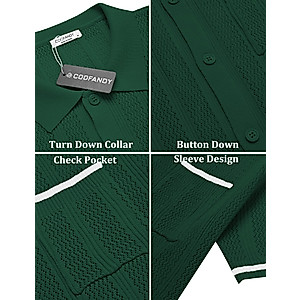 COOFANDY Knit Summer Shirts for Men Short Sleeve Button Down Polo Shirts with Pocket Green