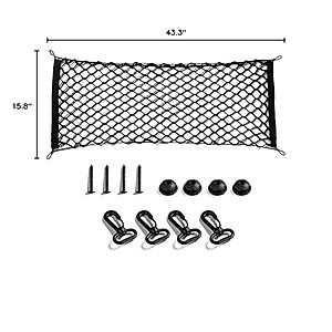 neynavy 1 Pack Car Adjustable Heavy Duty Cargo Net, 43.3" x 15.7" Double-Layer Standing Net, Stretchable Storage Mesh with Hooks, Item Storage Bag, Universal Vehicle Interior (Black)