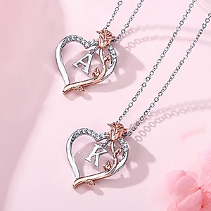 M MOOHAM Rose Heart Initial Necklaces for Women, Cute Love Letter Pendant K Initial Necklace Jewelry Rose Heart Necklaces for Women Initial Necklaces for Women Gifts for Her