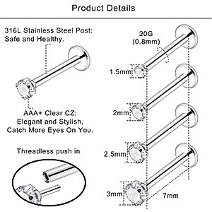 Lcolyoli 20G Threadless Push in Nose Rings for Women Diamond CZ 1.5mm 2mm 2.5mm 3mm Surgical Steel Nose Studs Pushin Nose Piercings Nostril Jewelry 4PCS