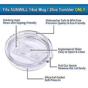 Lid for SUNWILL 14oz Mugs and 20oz Tumblers Only, Spill and Splash Resistant Sliding Covers Replacement 2 Pack, Straw Friendly, BPA Free