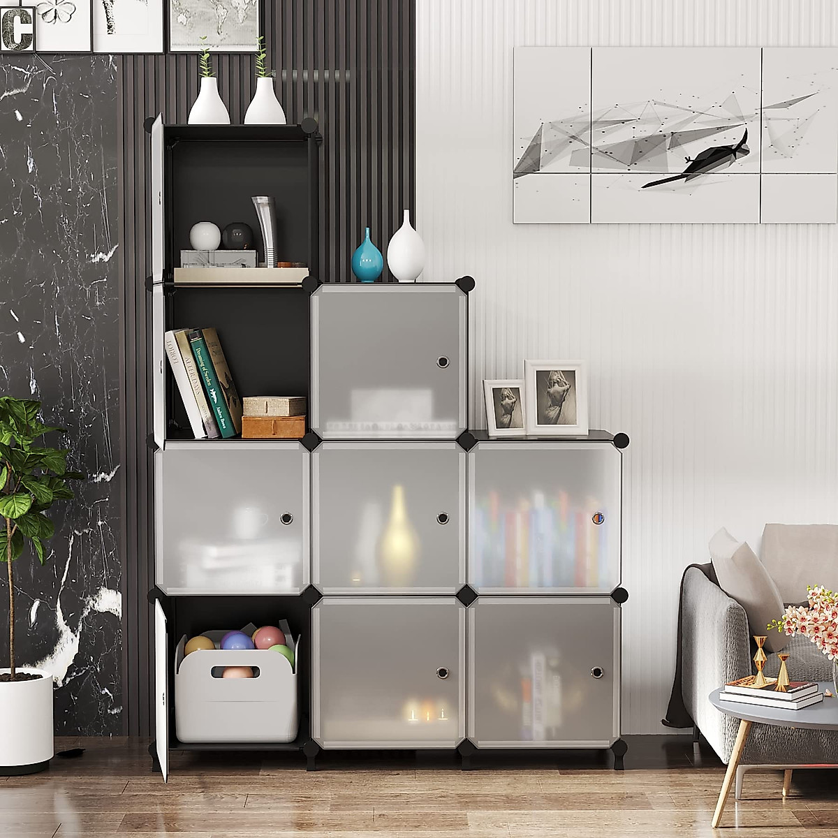 AWTATOS Storage Cube Organizer with Doors, Stackable Closet Shelf for Bedroom, Clothes Shelving Rack, DIY Square 9 Cubes Bookcase Bookshelf, Plastic Space Saver for Home, Living Room, Office, Black