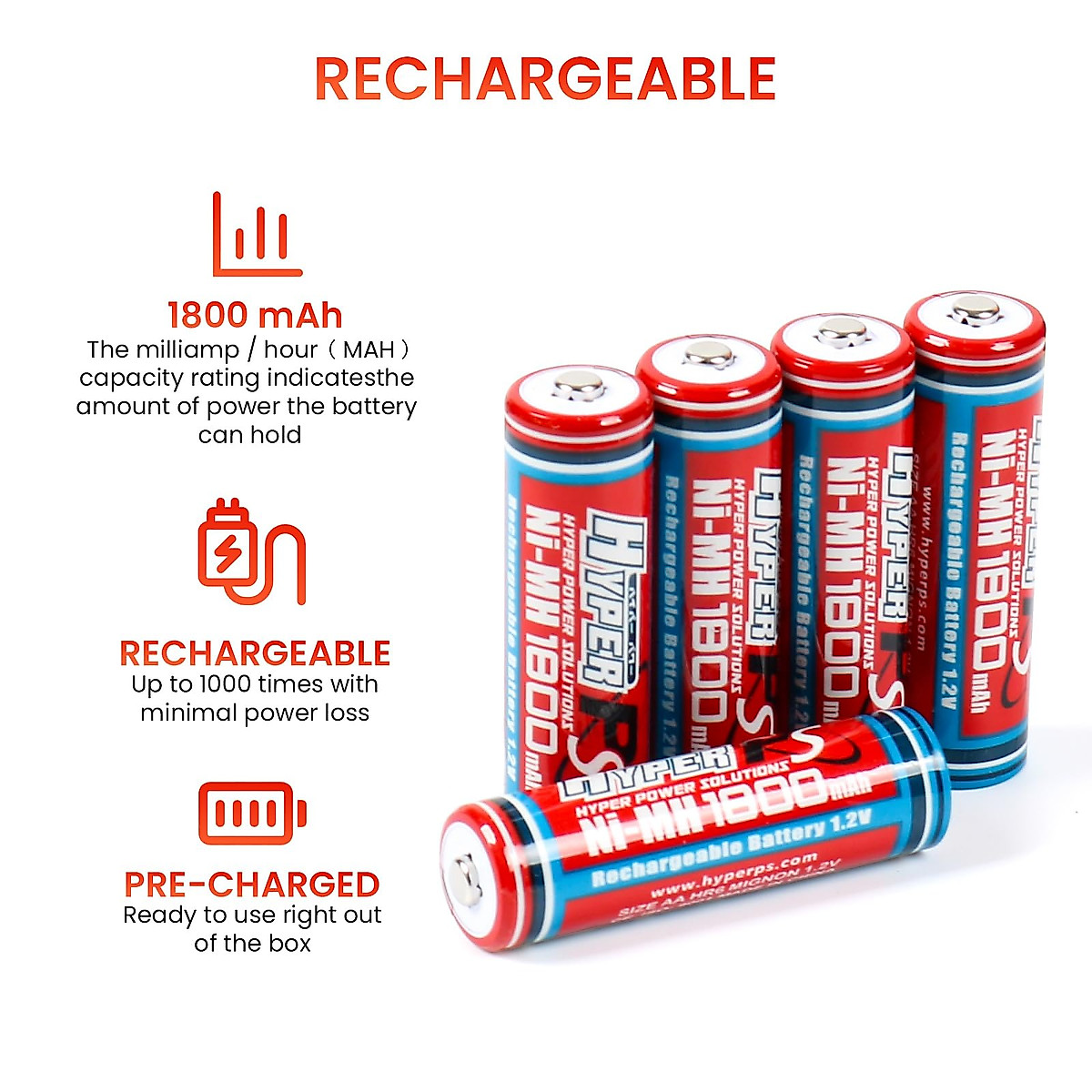 HYPERPS (8-Pack) 1.2V AA 1800mAh Ni-MH Rechargeable Battery for High-Drain Devices, Quick Charge