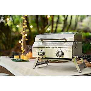 Megamaster Premium Outdoor Cooking 2-Burner Grill, Outdoor Cooking While Camping, Outdoor Kitchen, Patio Garden, Barbecue with Two Foldable legs, Silver in Stainless Steel