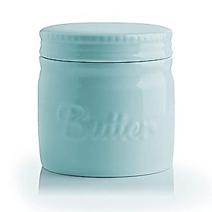 SWEEJAR Porcelain Butter Keeper Crock, French Butter Dish with Water Line, Ceramic Butter Container for soft butter (Turquoise)