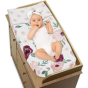 Sweet Jojo Designs Burgundy Watercolor Floral Girl Baby Nursery Changing Pad Cover - Blush Pink, Maroon, Wine, Rose, Green and White Shabby Chic Flower Farmhouse