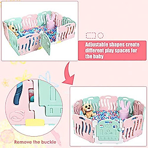 INFANS Baby Playpen, Kids Play Activity Center Yard for Toddlers, 10-Panel Safety Foldable Play Yard with Safety Lock, Adjustable Shape, Game Panel & Gate for Indoors or Outdoors (Green & Pink)