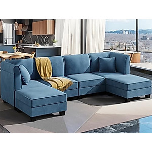 JAMFLY 116'' Modular Sectional Sofa with Reversible Chaise, U-Shape Convertible Sectional Sofa Couch with 6 Seats, Velvet Modern Sleeper Modular Couch with Ottomans for Living Room