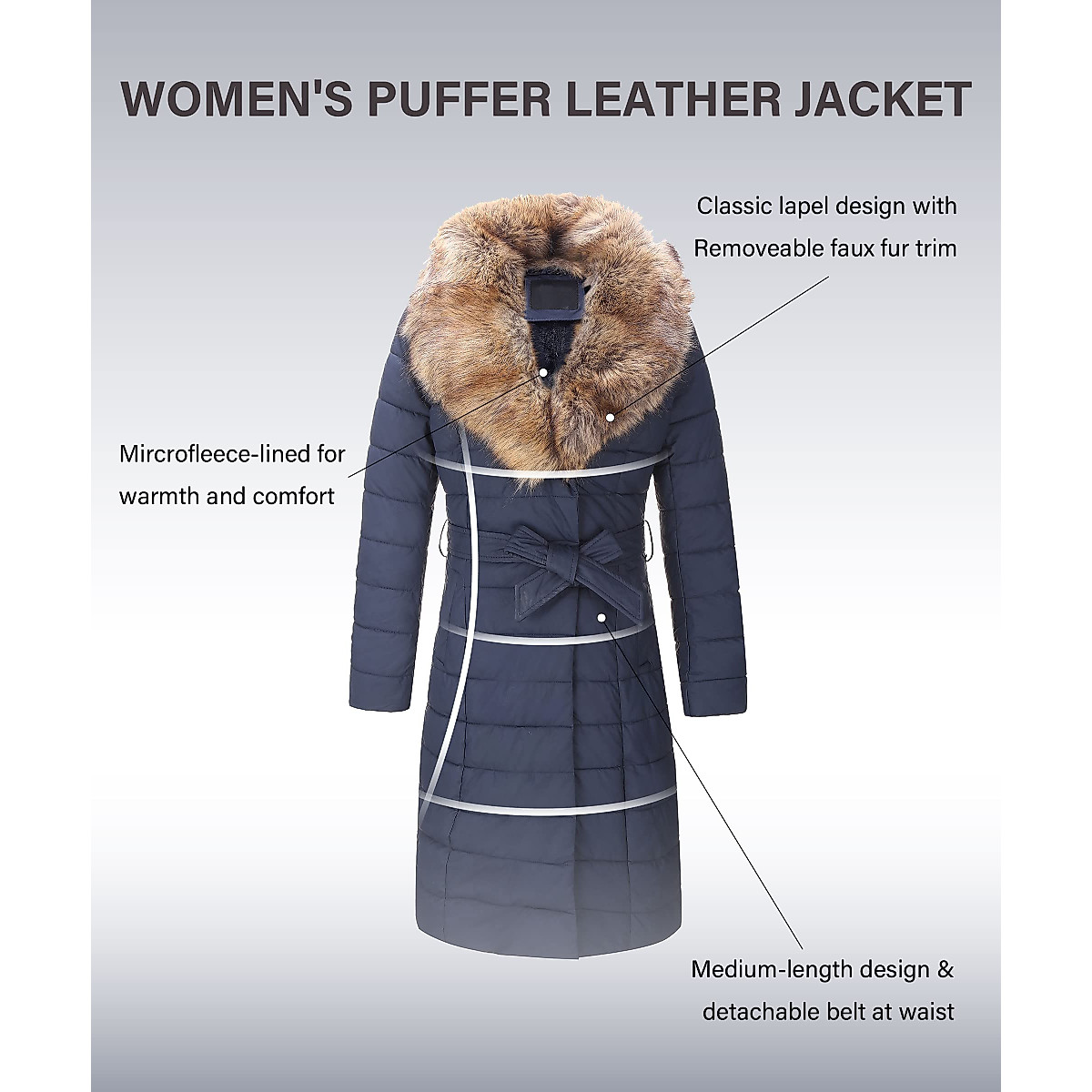 Bellivera Women's Winter Puffer Jacket Cold resistant patchwork plush lining Coat with Removable Fur Collar Hooded and Belted 5528BLUEL