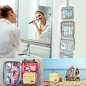 WDLHQC Hanging Travel Toiletry Bag with Hook | Water Proof Zip Bag with 4 Compartments + 2 Outer Zip Pockets | Cosmetic Travel Bag for Toiletries | Travel Essentials for Women & Men (Yellow Stripe)