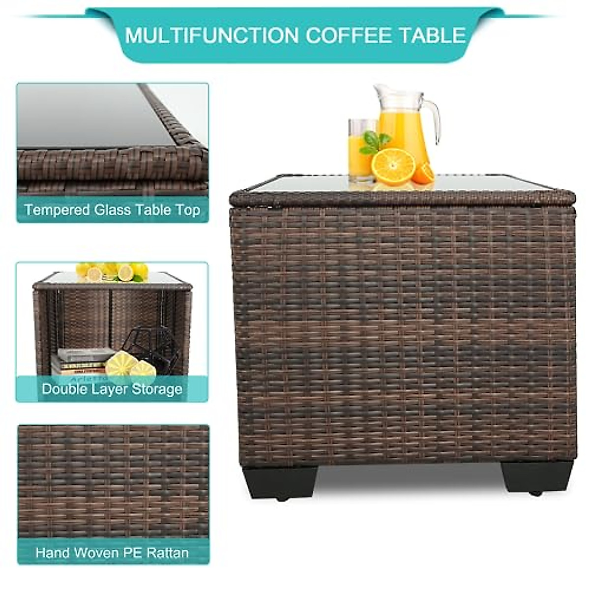 Furnimy 3 Pieces Patio Furniture Set Rattan Outdoor Sectional Conversation Sets 2 Single Chair w/Washable Cushion and Tempered Glass Tabletop for Balcony, Garden, Backyard(Brown+Navy Blue)