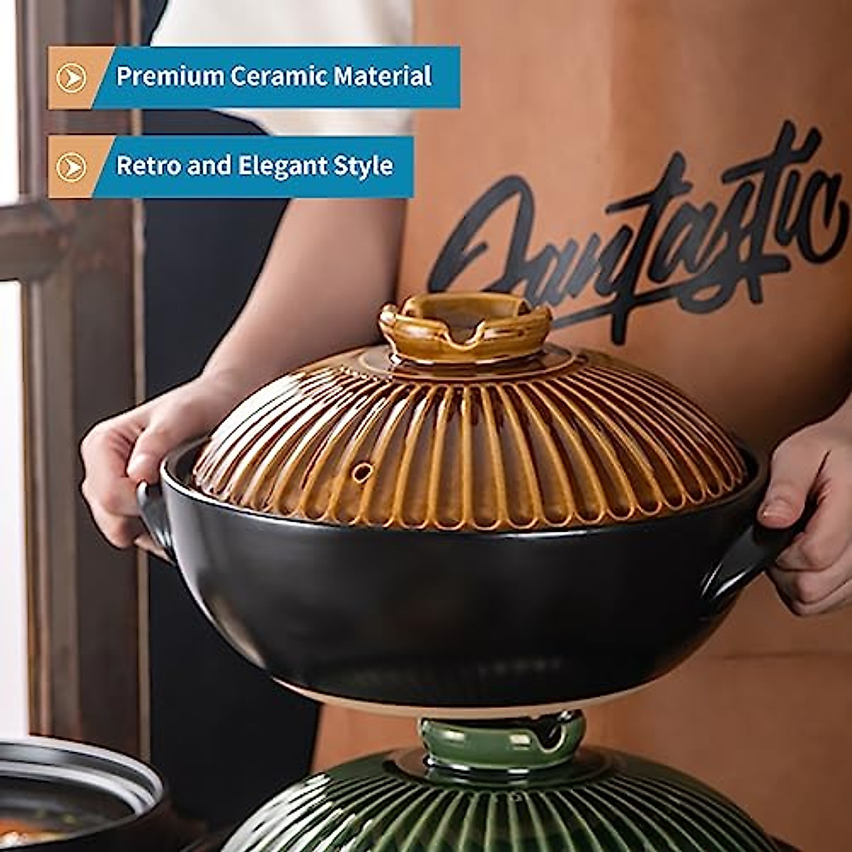 Sanbege Large Korean Ceramic Bowl with Lid and Trivet, 54 oz Sizzling Hot Pot with Double Handles for Cooking and Serving Dolsot Bibimbap, Soup, Rice, Stew, Casserole, Noodle (Retro Copper)