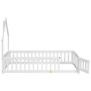 DEINPPA Twin Kids Bed, Wooden Floor Bed with House Shaped Headboard, House Bed Frame with Door Design for Toddler Children Boys Girls-White