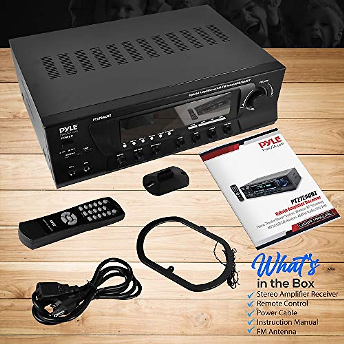 Pyle PT272AUBT - Wireless Bluetooth Audio Power Amplifier - 300W 4 Channel Home Theater Stereo Receiver with USB, AM FM, 2 Mic IN with Echo, RCA, LED, Speaker Selector - For Studio, Home Use, black