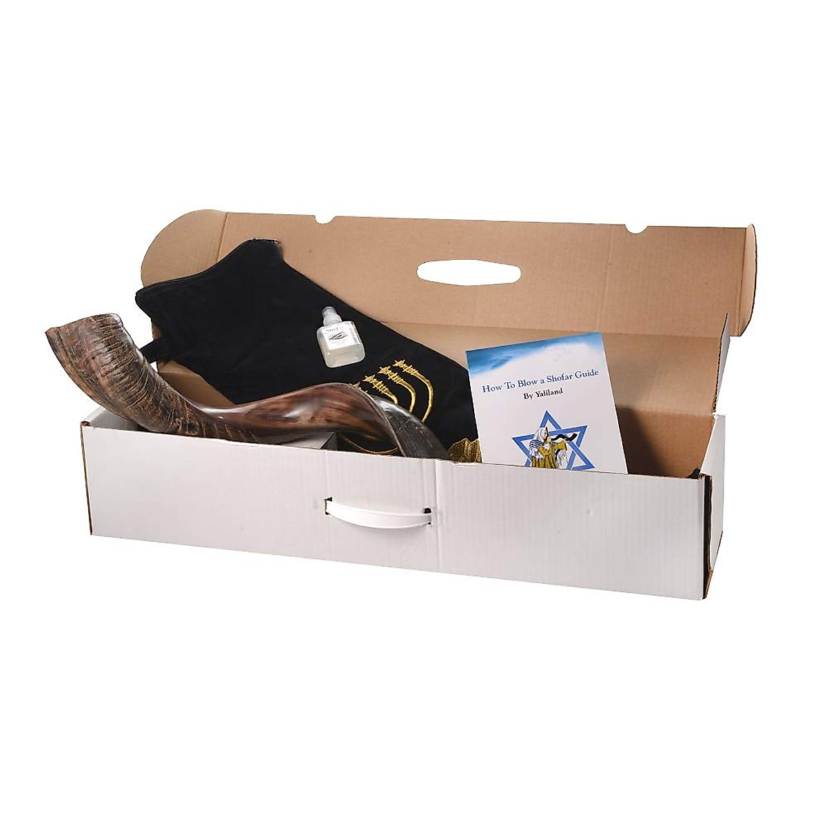 SHOFAR Set Half Polished Half Natural Kudu Horn Yemenite + Bag + Spray + Guide + Carrying Box Case (30"-32") From Israel