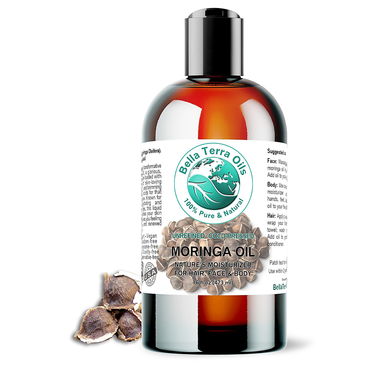 Bella Terra Oils - Organic Moringa Oil 16 oz - Cold-Pressed Mastery, Packed with Vitamins & Antioxidants, Impeccable for Natural Skin Nourishment