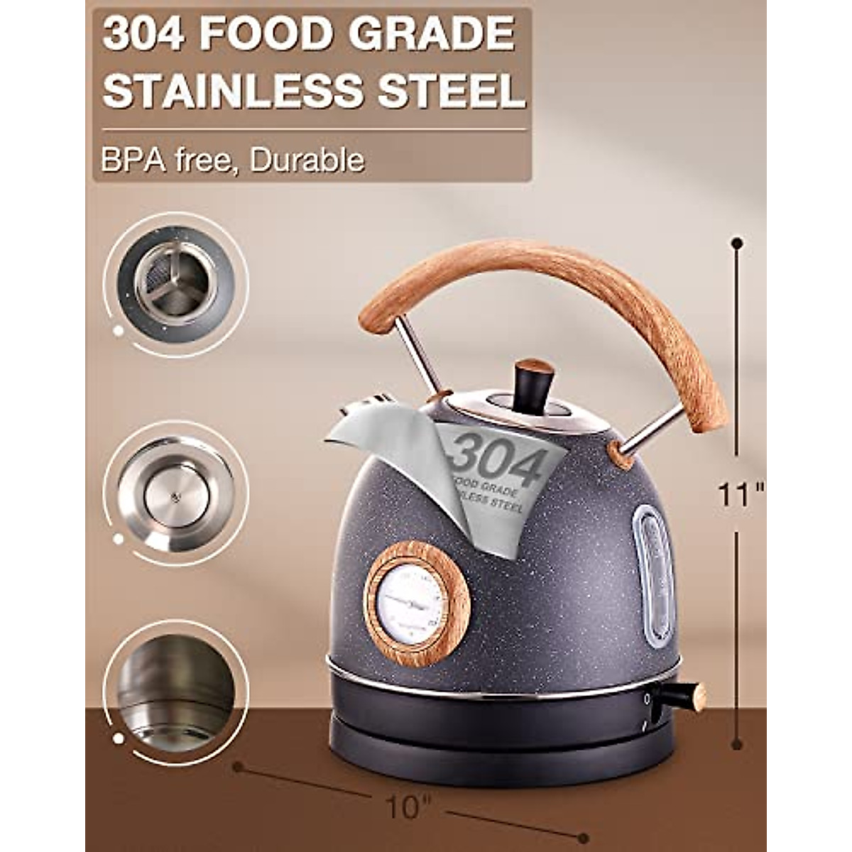 Electric Kettle - 1.7L Retro Tea Kettles for Boiling Water, Nature Stone Finish SMOLON Hot Water Boiler Teapot with Wood Pattern Handle, Food Grade Stainless Steel, Temperature Control, Auto Shut-off