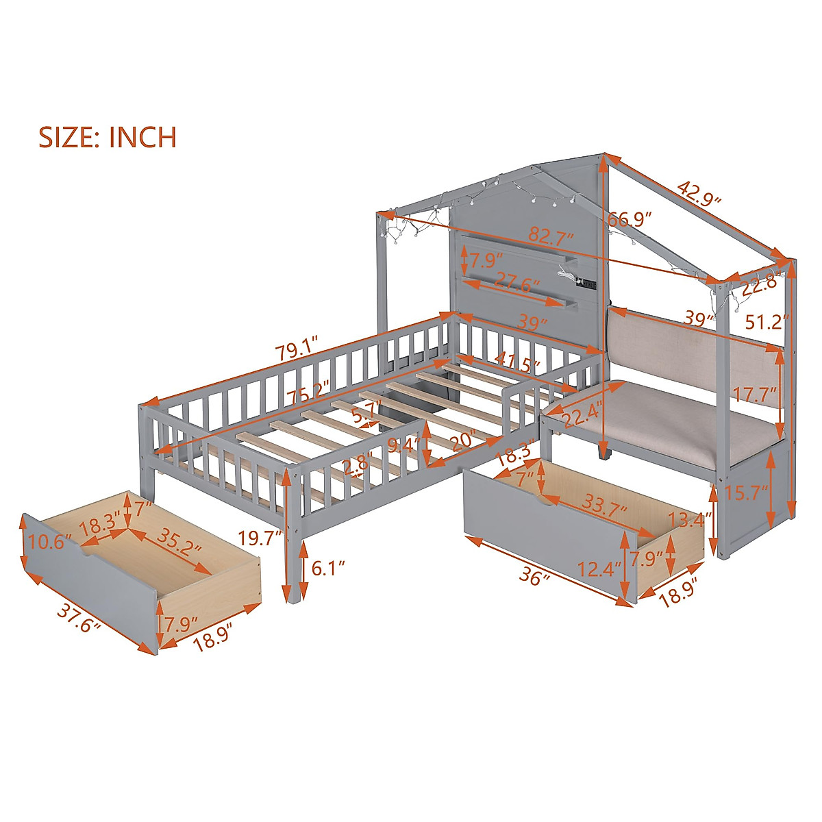 Twin House Bed for Kids, House Platform Bed with Upholstered Sofa, Charging Station, Wireless Charging, Storage Shelves and Two Drawers, Light Strip Included, Gray