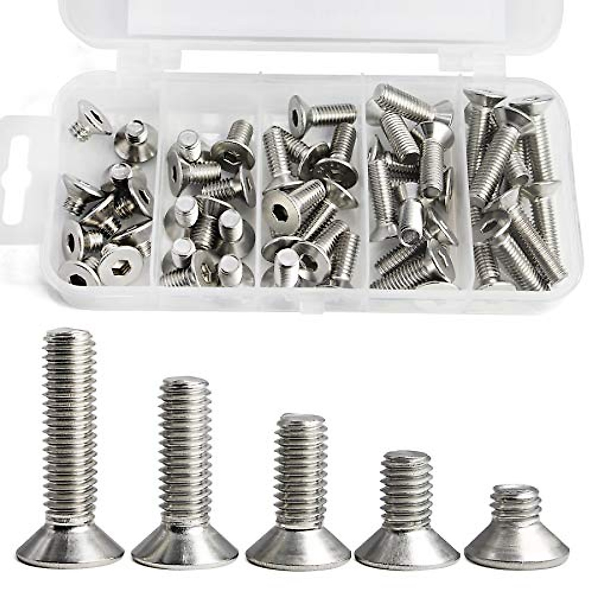M6 x 8mm 12mm 16mm 20mm 25mm Flat Head Hex Socket Cap Screws Countersunk Bolts, 304 Stainless Steel, Fully Threaded, Bright Finish, Metric Allen Hex Drive, Assortment Kit 50PCS
