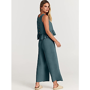 ANRABESS Women Summer 2 Piece Outfits Sleeveless Tank Crop Top Wide Leg Pants Linen Jumpsuits Lounge Matching Beach Sets Cyan Blue Large