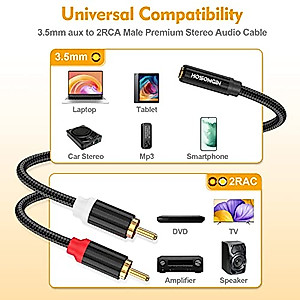 HOSONGIN 3.5mm (1/8 inch) to RCA Adapter Stereo Audio Cable 2 Pack - Short 3.5mm TRS Female Jack to 2 RCA Male Plug Audio Cable - 12 inch Length