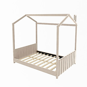 Bellemave House Beds Full Size Velvet Montessori Bed for Kids Upholstered Floor Bed Frame with Headboard & Footboard for Girls Boys Teens, Beige