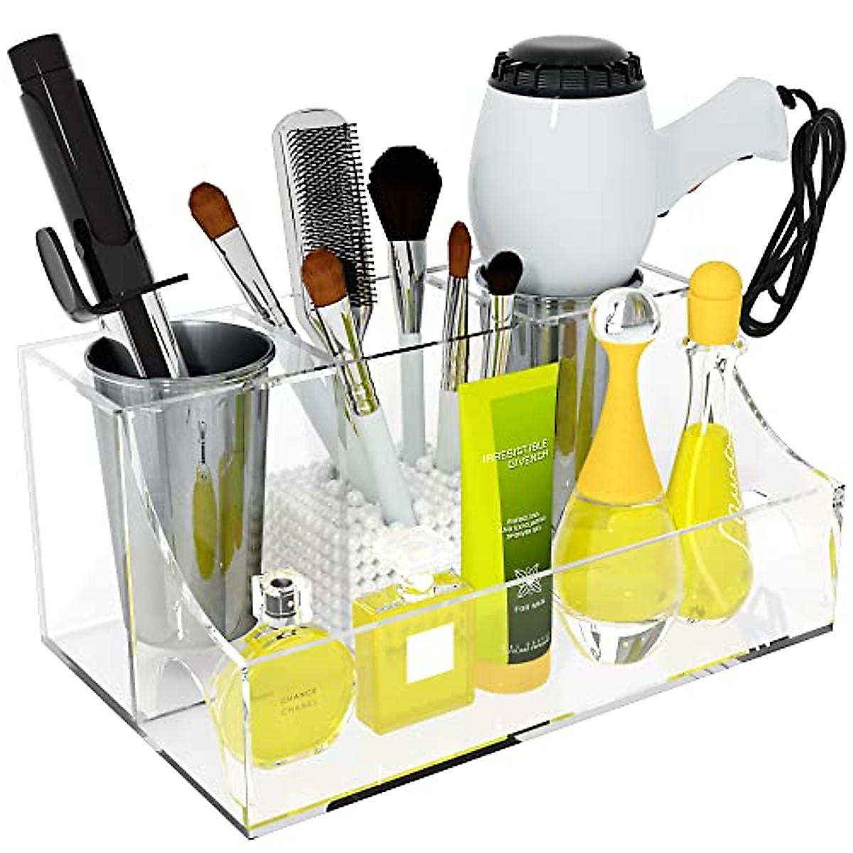 XQIGI Hair Tool Organizer, Acrylic Hair Dryer Styling Organizers,Clear Bathroom Blow Dryer Stand Holder with 2 Cups and Pearls, Countertop Storage for Toiletry Accessories Brushes(Clear)